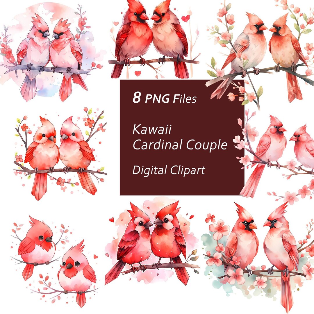 Kawaii Cardinal Couple Clipart Set - Cartoon Animal - Instant Download PNG, Commercial Use ...