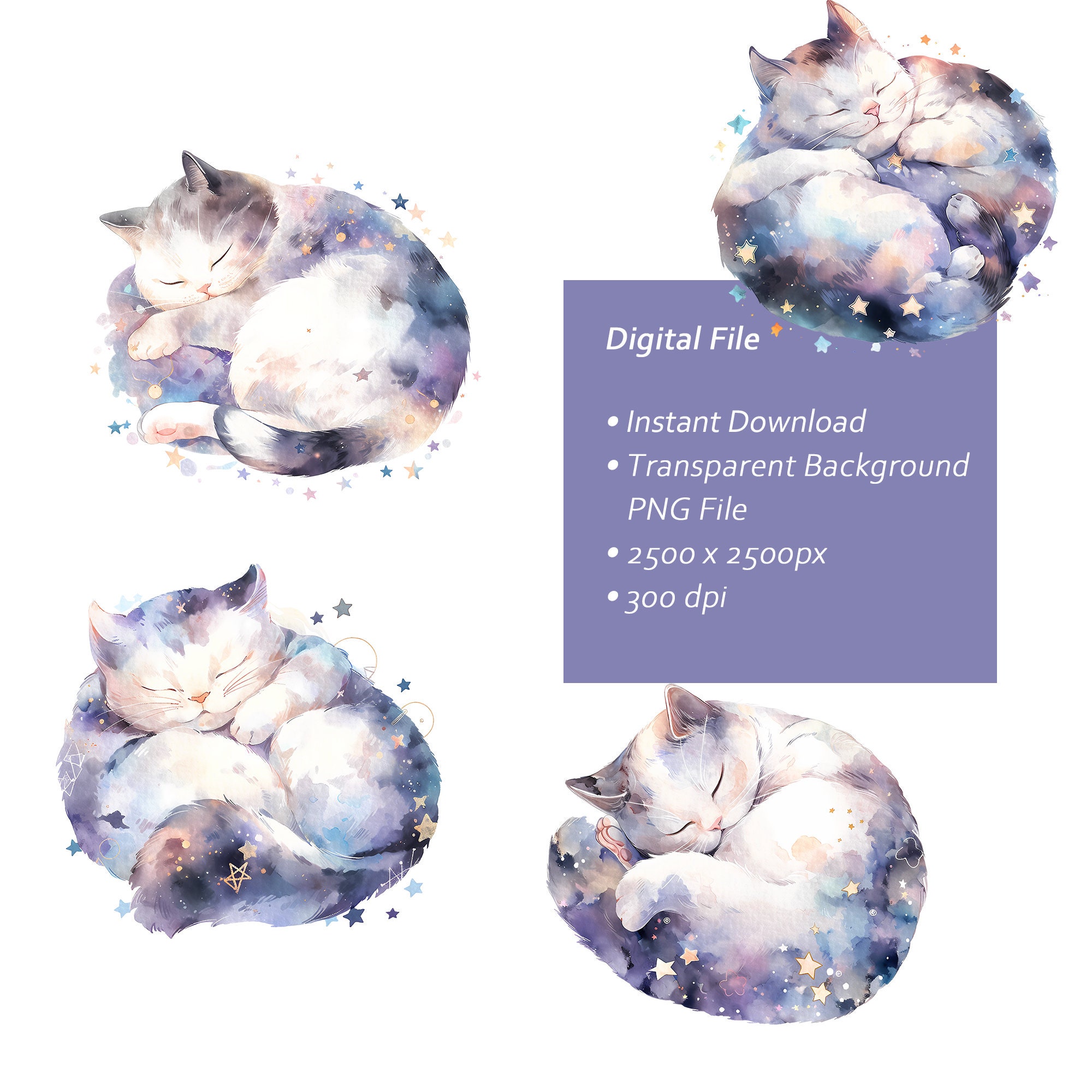 Stardust Sleeping Cat Clipart Set - Whimsical Cat - Sleepy Cat Art ...