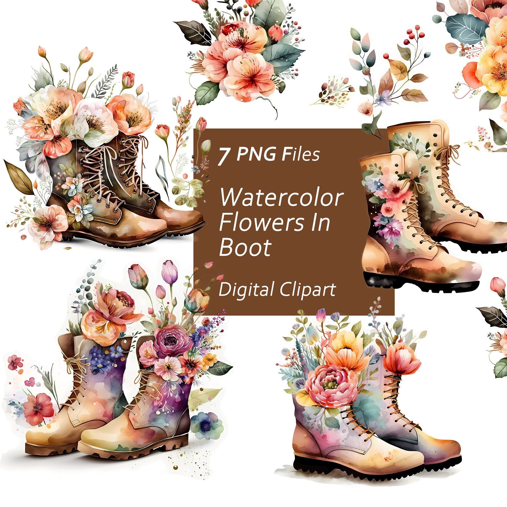 Watercolor Flowers in Boot Clipart Set - Boot Flower Graphics - Instant ...