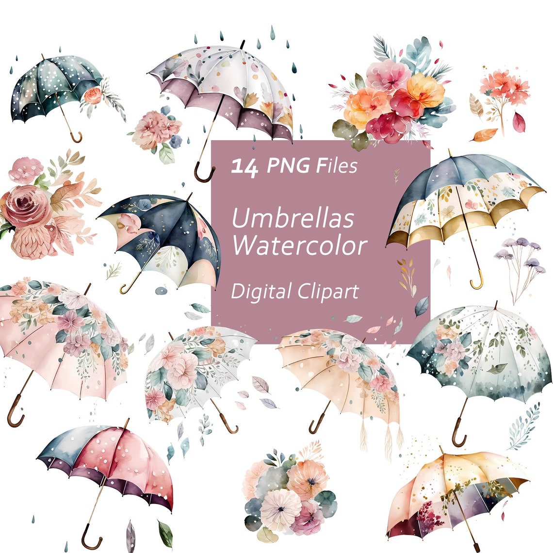 Watercolor Umbrellas Clipart Set - Rainy Day - Umbrella Patterns ...