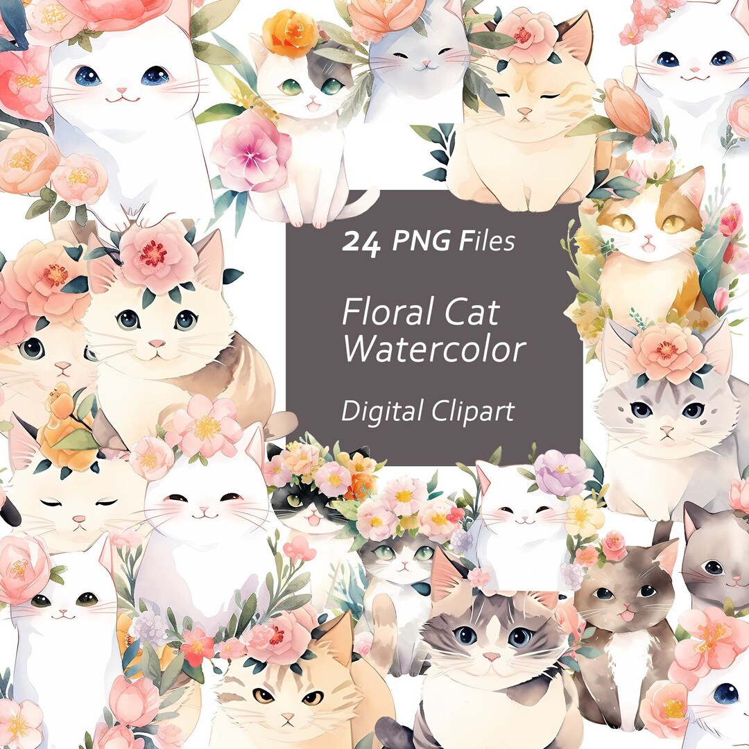Floral Cat Watercolor Clipart Set - Whimsical Cat Art -colorful Floral ...