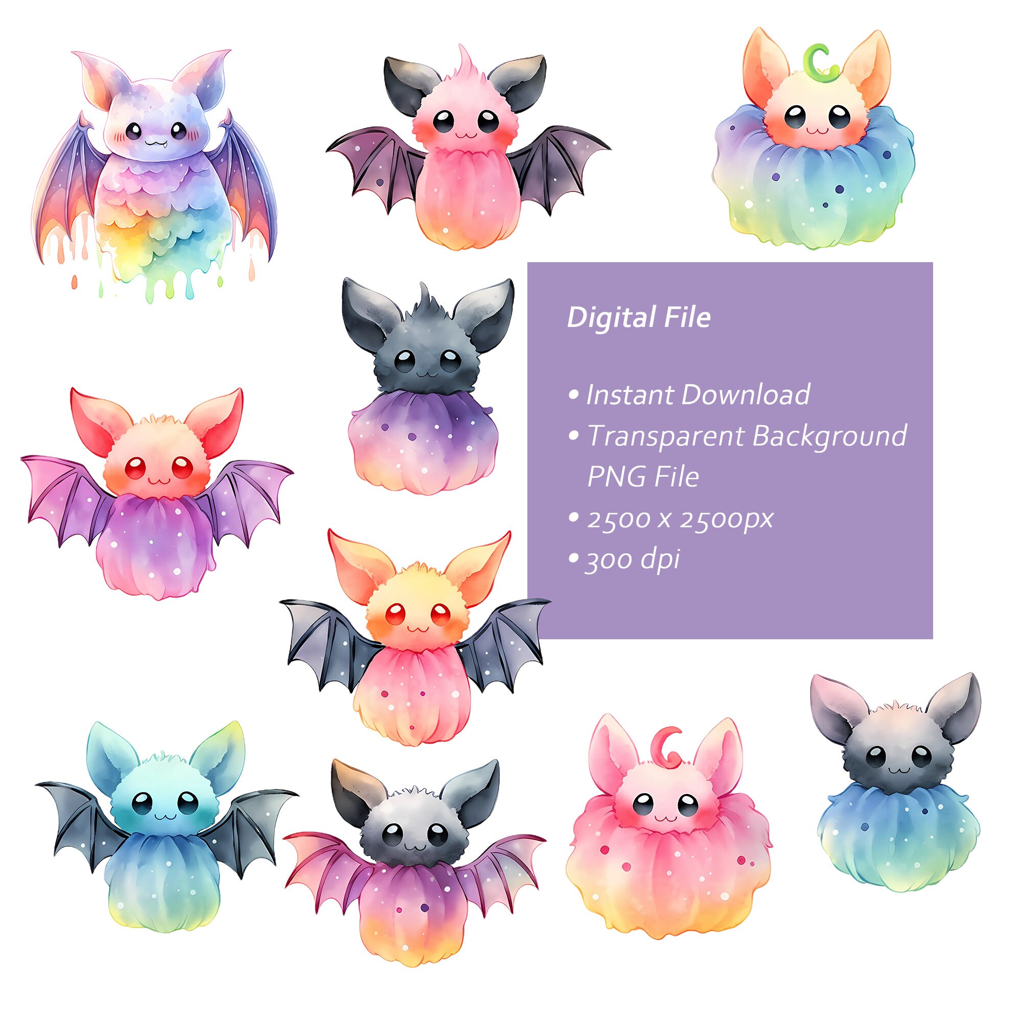 Kawaii Halloween Rainbow Ghost Bat Clipart Set - Cute Halloween ...