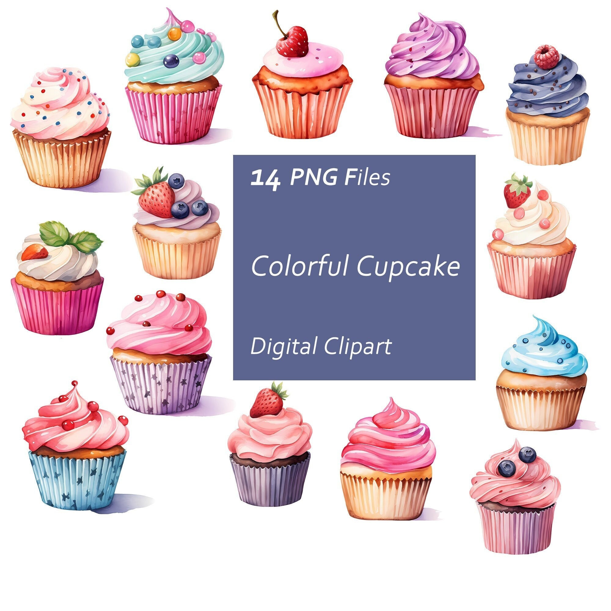 Colorful Cupcake Clipart Set - Sweet Graphics - Watercolor Cupcakes ...