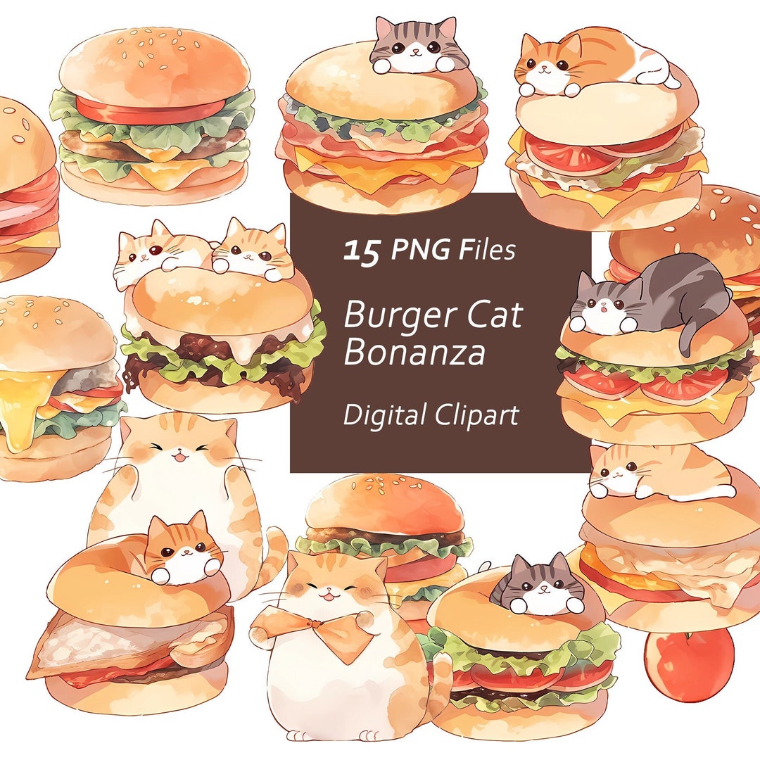 Burger Cat Bonanza Clipart Set - Whimsical Watercolor Burger Cat ...