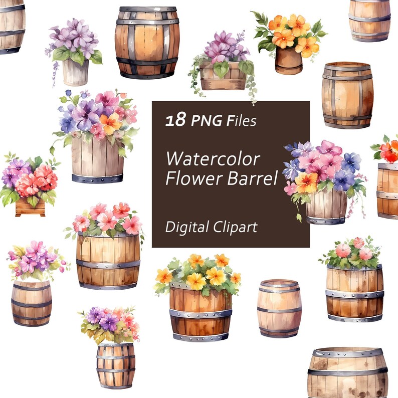 Flower Barrel Clipart Set - Flower Art - Barrel Prints - Instant ...