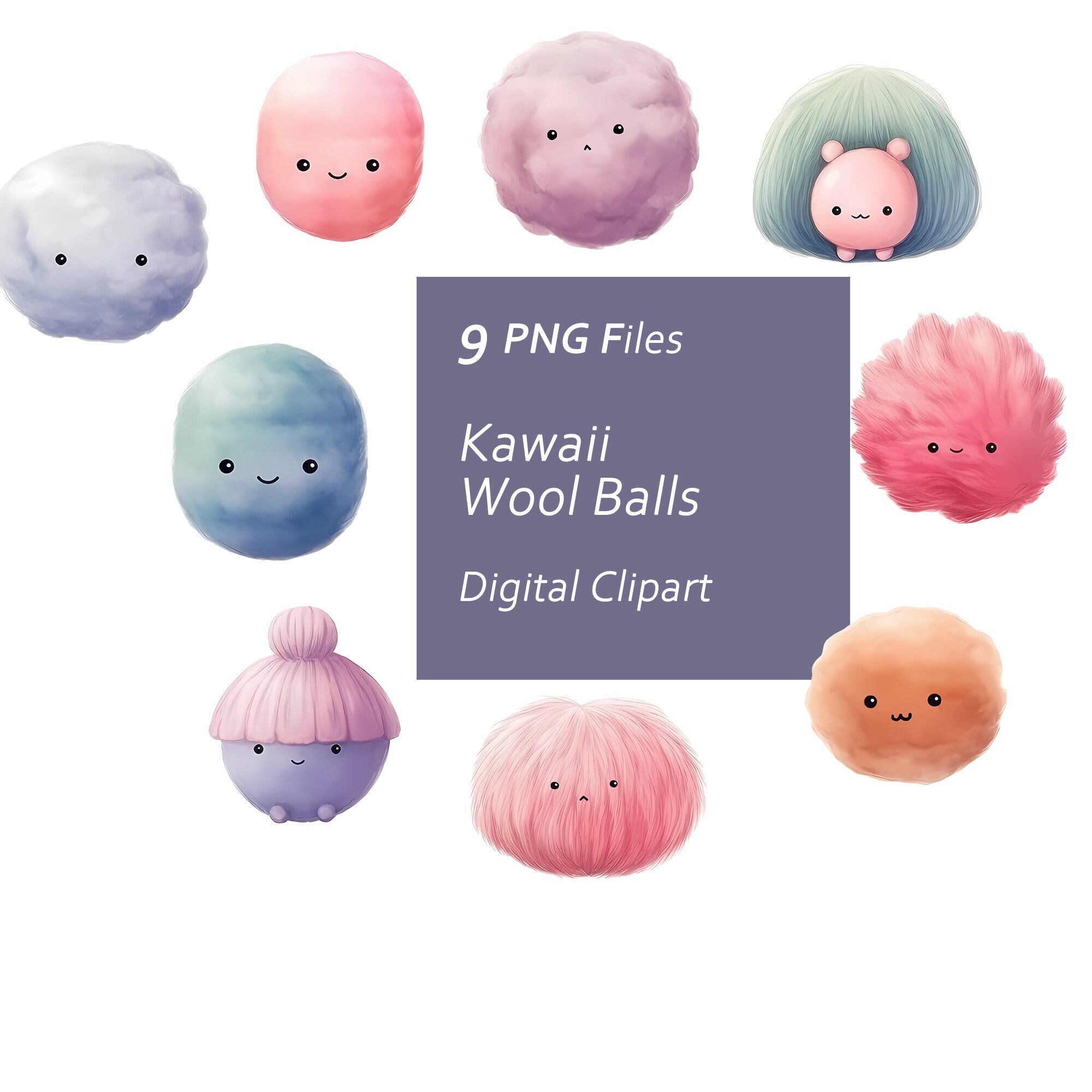 Kawaii Wool Balls Clipart Set - Whimsical Characters - Wool Dryer Balls ...