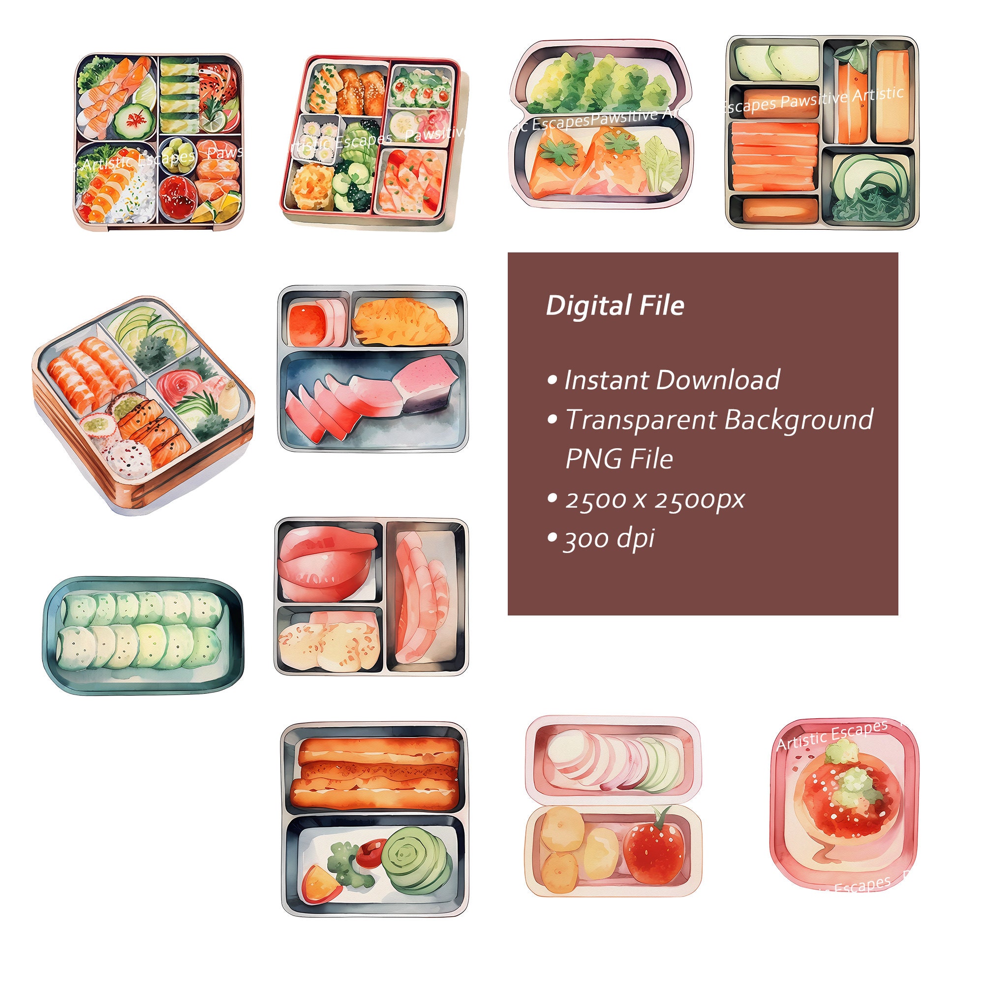 Watercolor Bento Box Clipart Set - Cute Bento - Lunchbox Clipart ...