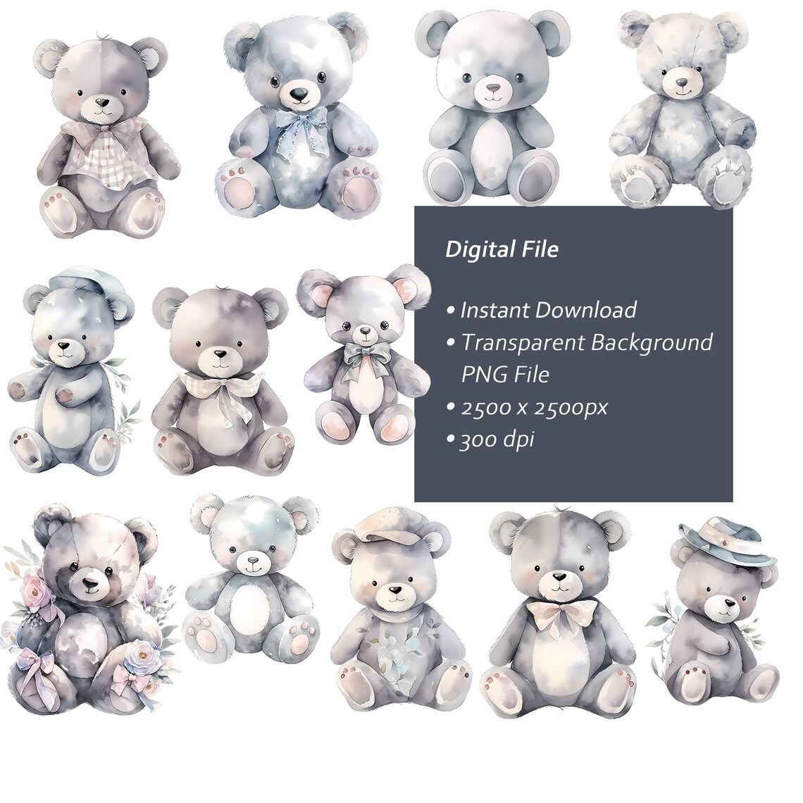 Watercolor Grey Teddy Bear Clipart – Printable Bear Designs (PNG) - Etsy