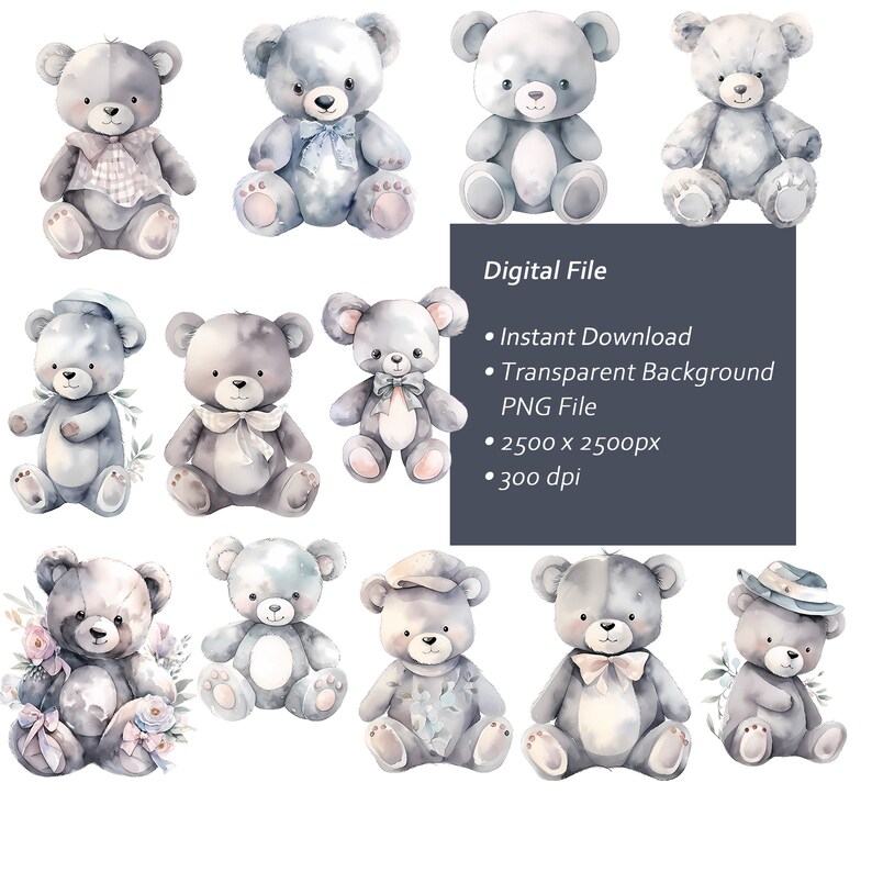 Watercolor Grey Teddy Bear Clipart – Printable Bear Designs (PNG) - Etsy