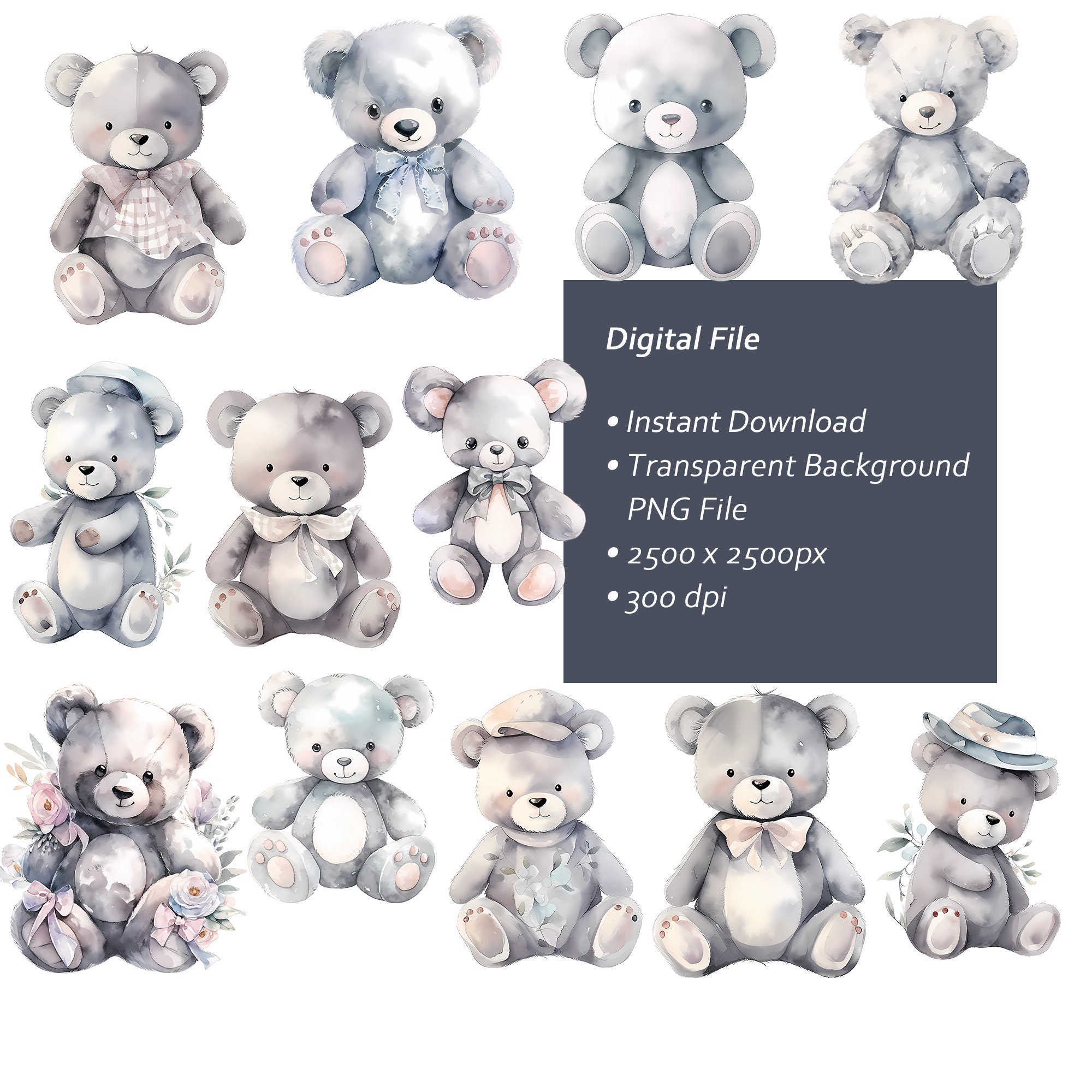Watercolor Grey Teddy Bear Clipart Set - Teddy Clipart - Grey Bears ...
