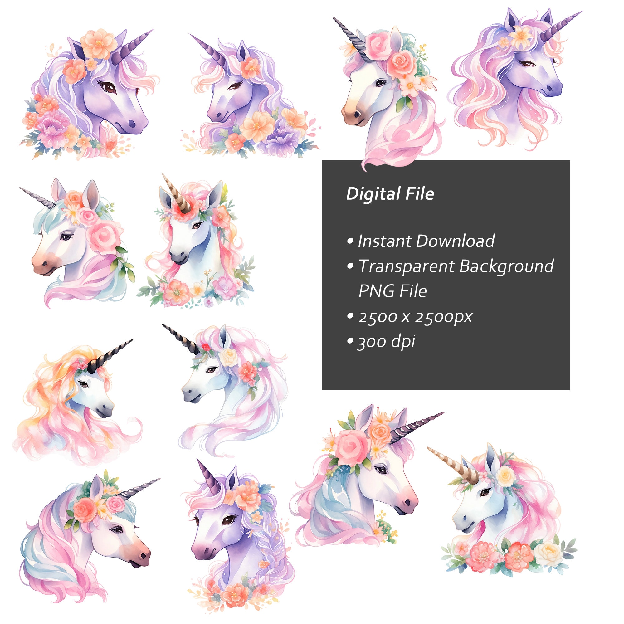 Floral & Pastel Magic Unicorns Clipart Set - Fairy Tale Clipart ...