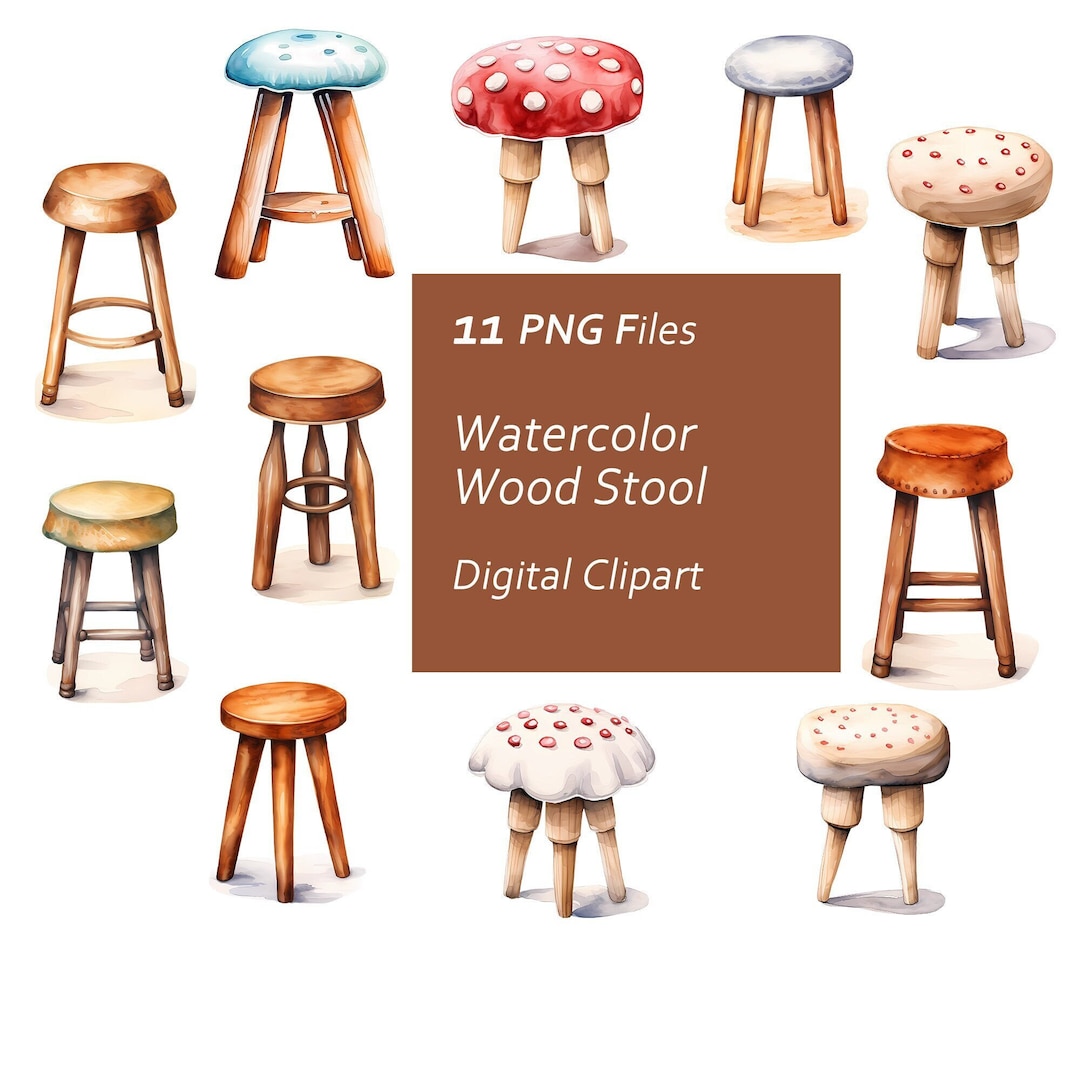 Watercolor Wood Stool Clipart Set - Whimsical Prints - Furniture Art - Instant Download PNG ...