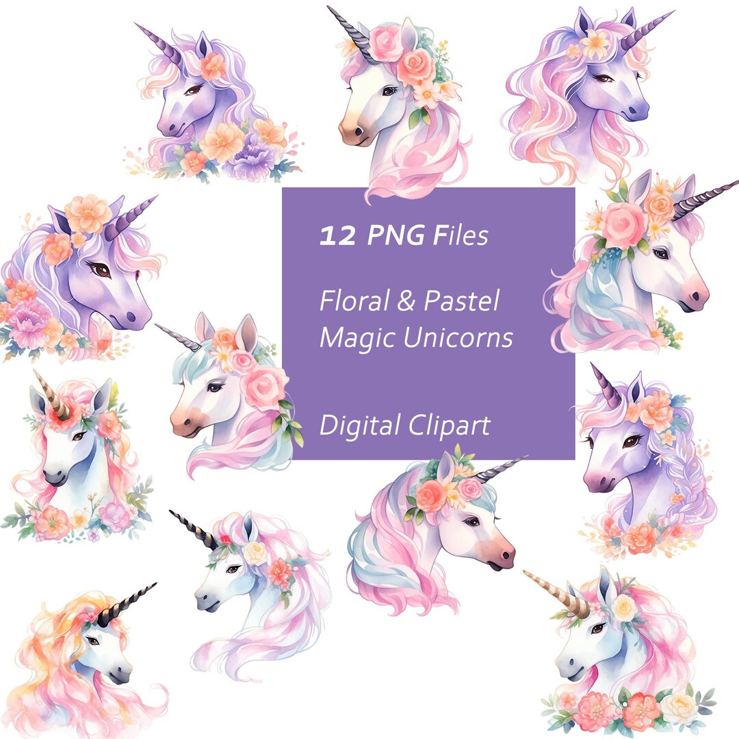 Floral & Pastel Magic Unicorns Clipart Set - Fairy Tale Clipart ...