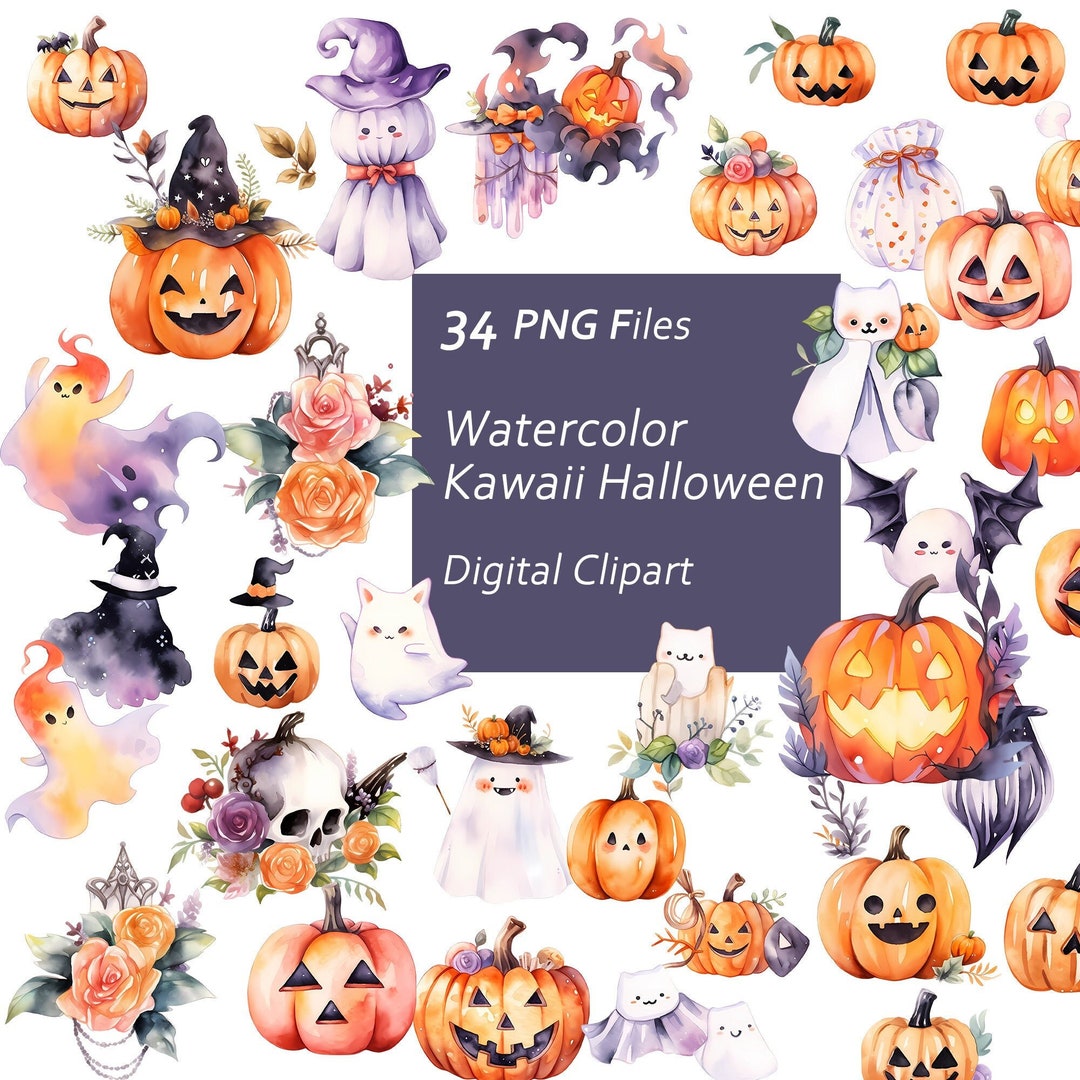 Watercolor Kawaii Halloween Clipart Set - Cute Halloween - Trick or ...