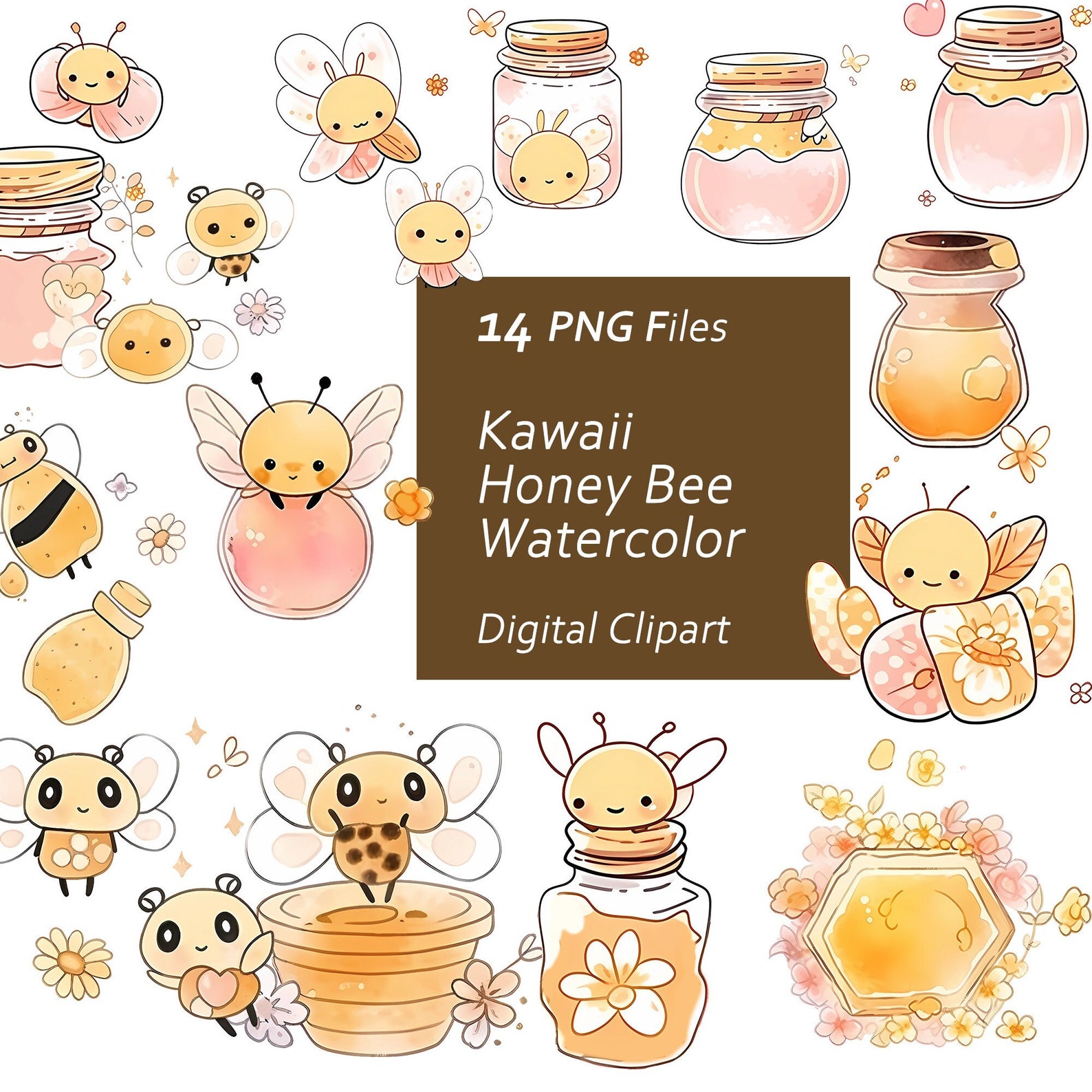 Kawaii Honey Bee Watercolor Clipart Set – Commercial Use PNG (instant ...