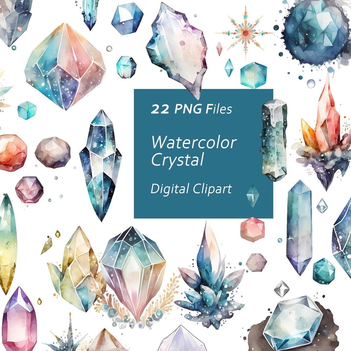 Watercolor Crystal Clipart Set – Gemstone Graphics (PNG, Commercial Use ...