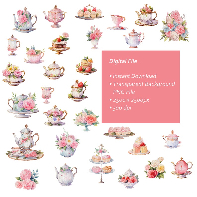Watercolor Tea Party Clipart Set - Whimsical Tea - Teacups - Instant ...