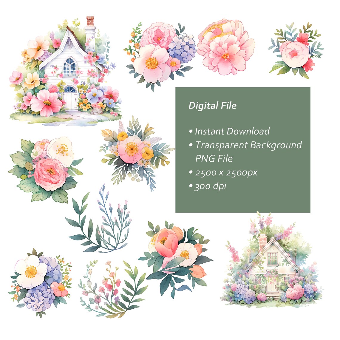 Cottage Garden Floral Clipart Set – Watercolor Cottagecore PNG (digital ...