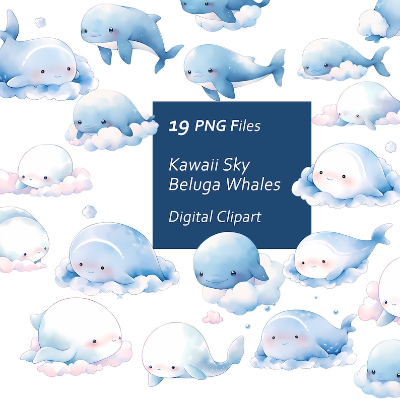 Kawaii Sky Beluga Whales Clipart Set - Cartoon Animal - Instant ...