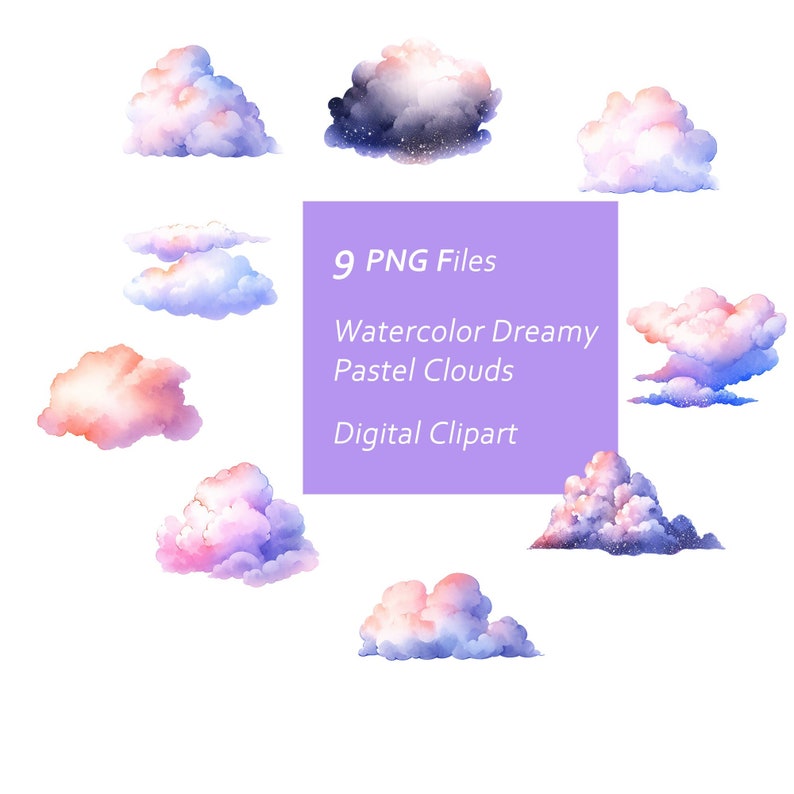 Watercolor Dreamy Pastel Clouds Clipart Set - Sky Graphics - Instant ...
