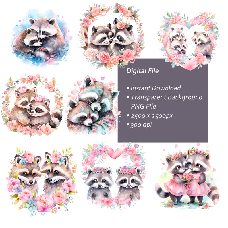 Watercolor Raccoon Couple Clipart Set - Cute Raccoons - Lovey-dovey Duo ...