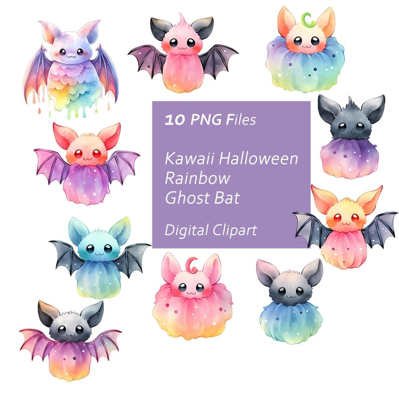Kawaii Rainbow Ghost Bat Clipart – Halloween PNG Set (digital Download ...