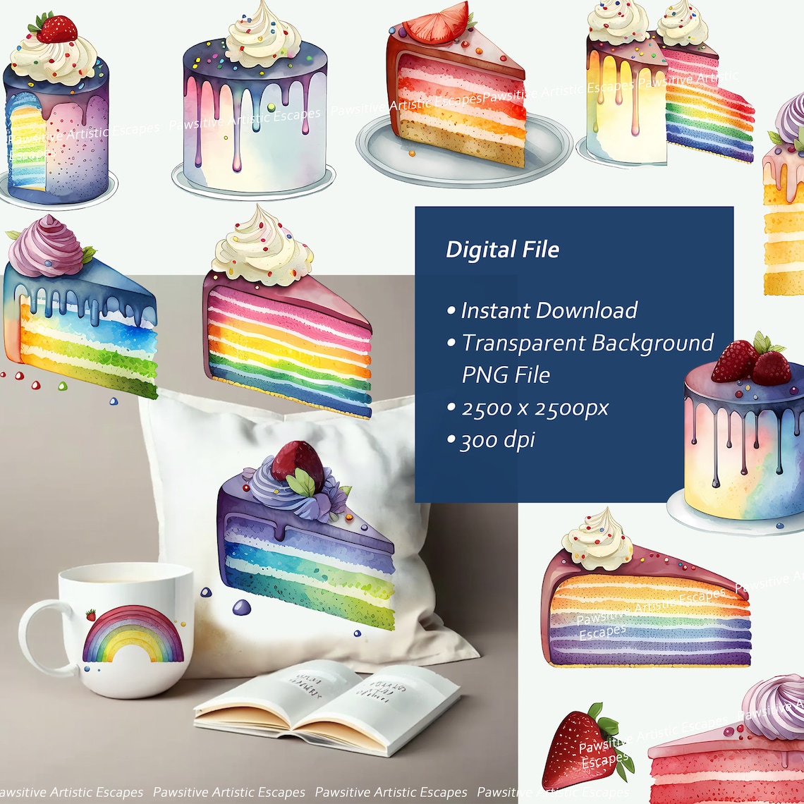 Watercolor Rainbow Cake Clipart Set - Whimsical Rainbow Cake -pastel ...