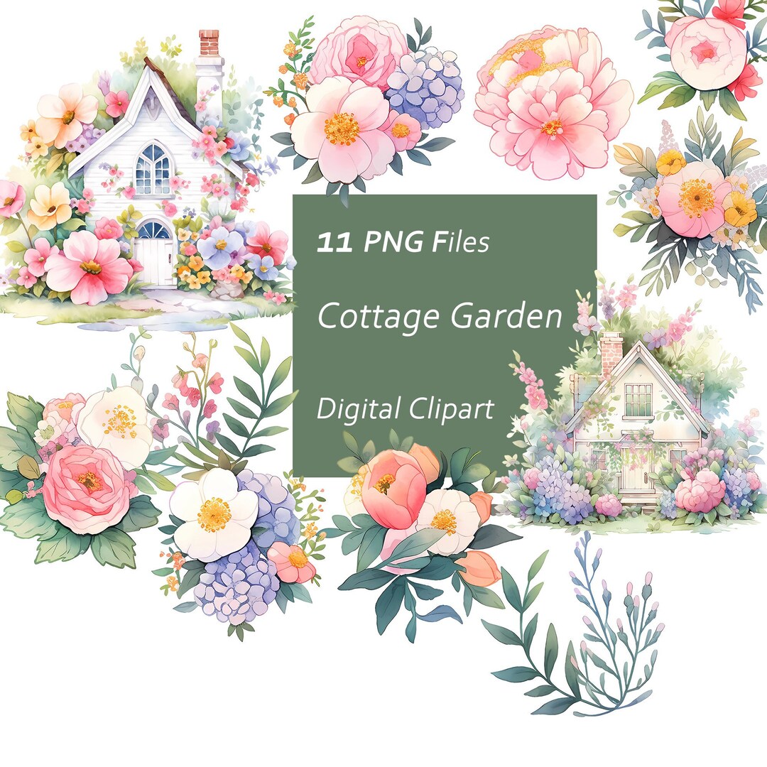 Cottage Garden Floral Clipart Set – Watercolor Cottagecore PNG (digital ...