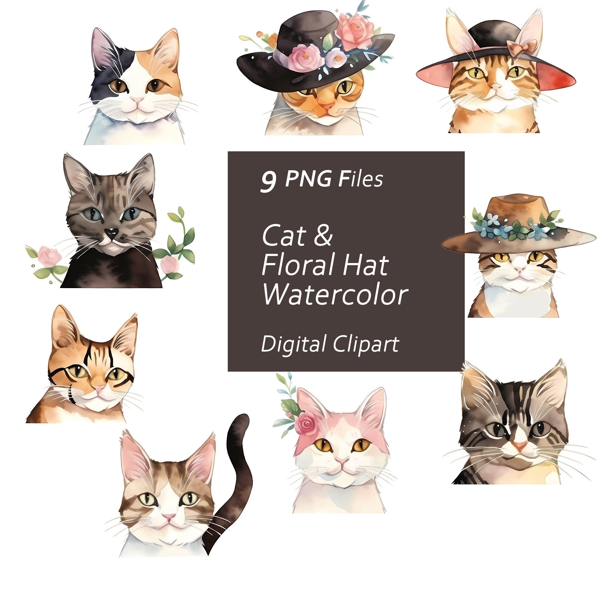 Cat & Floral Hat Watercolor Clipart Set Cat With Flowers Floral Cats ...