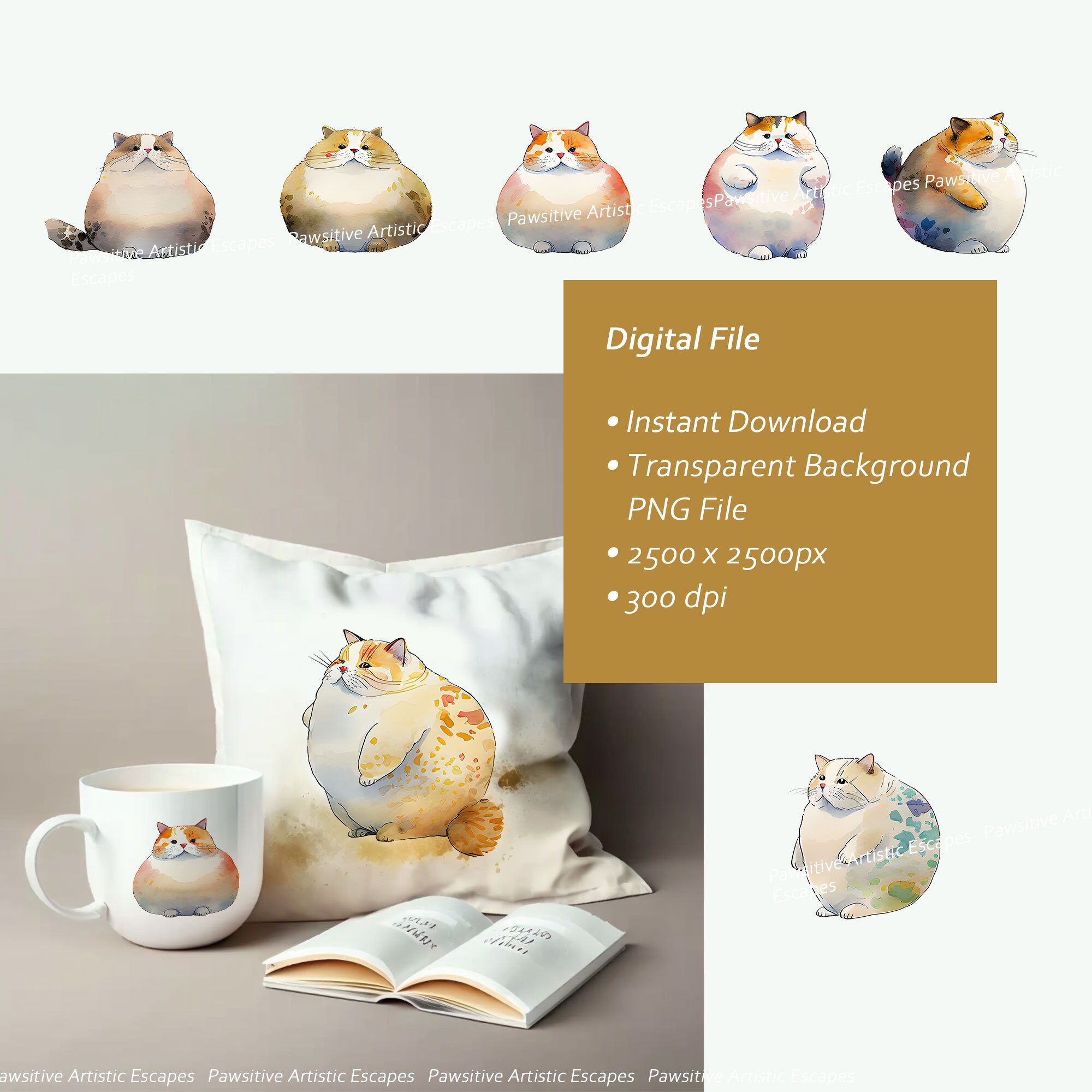 Chubby Cat Watercolor Clipart, Oversized PNG (digital Download) - Etsy