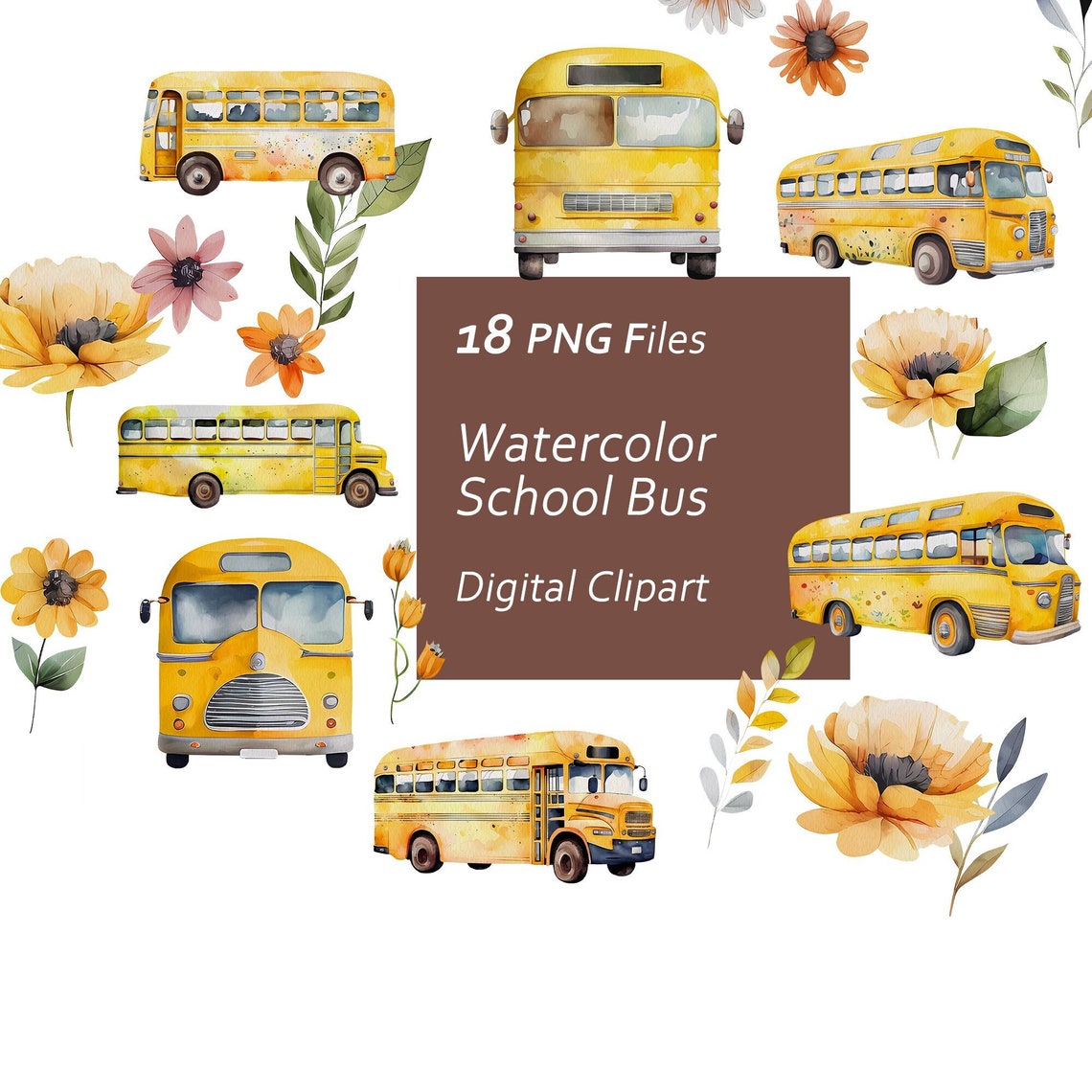 Watercolor School Bus Clipart Set - Back to School Clipart - Whimsical ...