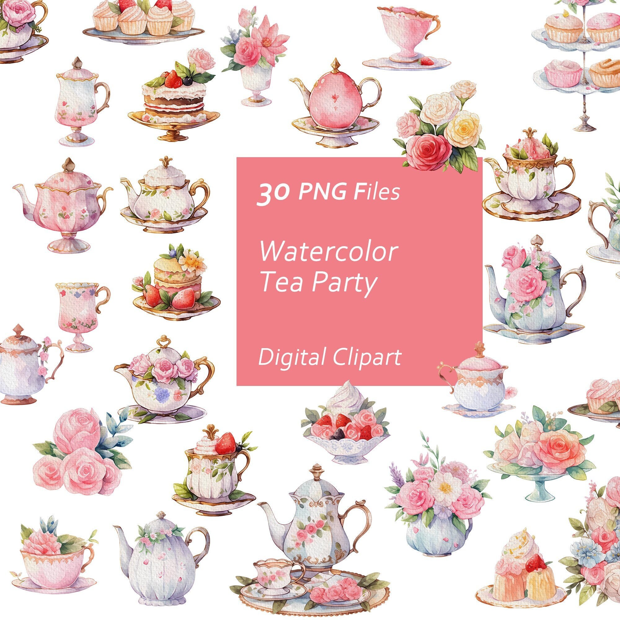 Watercolor Tea Party Clipart Set - Whimsical Tea - Teacups - Instant ...