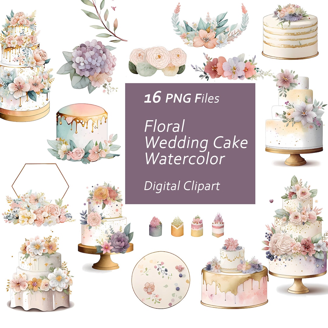 Floral Wedding Cake Watercolor Clipart – PNG Design Elements (digital ...