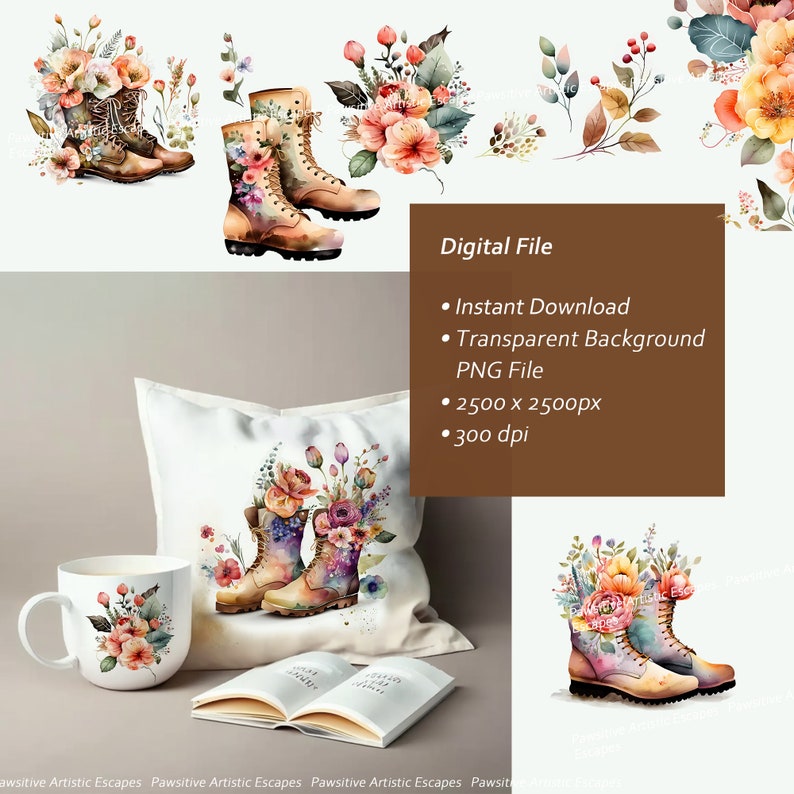 Watercolor Flowers in Boot Clipart – Floral PNG Set (digital Download ...