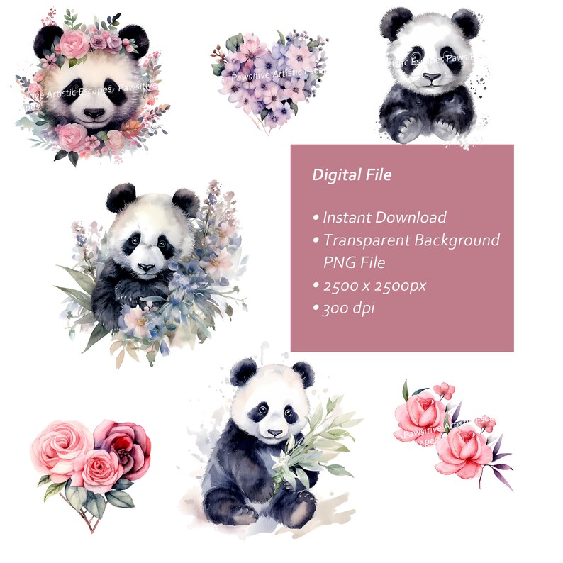 Watercolor Panda Clipart Set - Cute Pandas - Floral Pandas - Instant ...