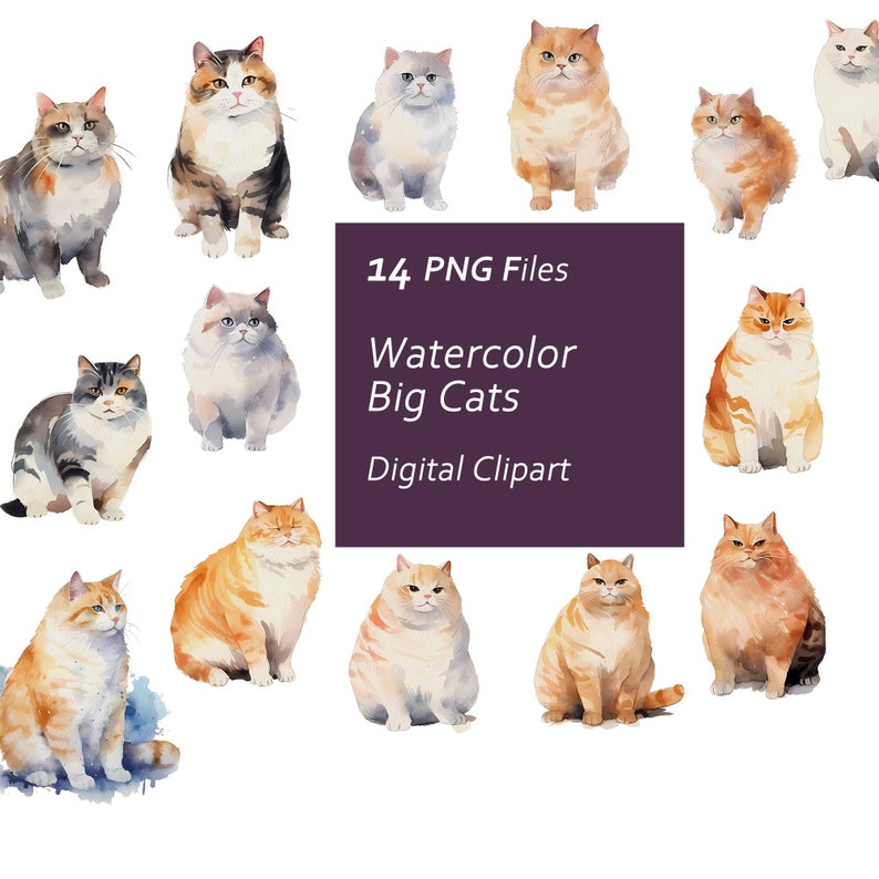 Watercolor Big Cats Clipart Set - Majestic Cats - Chubby Cats Clipart ...