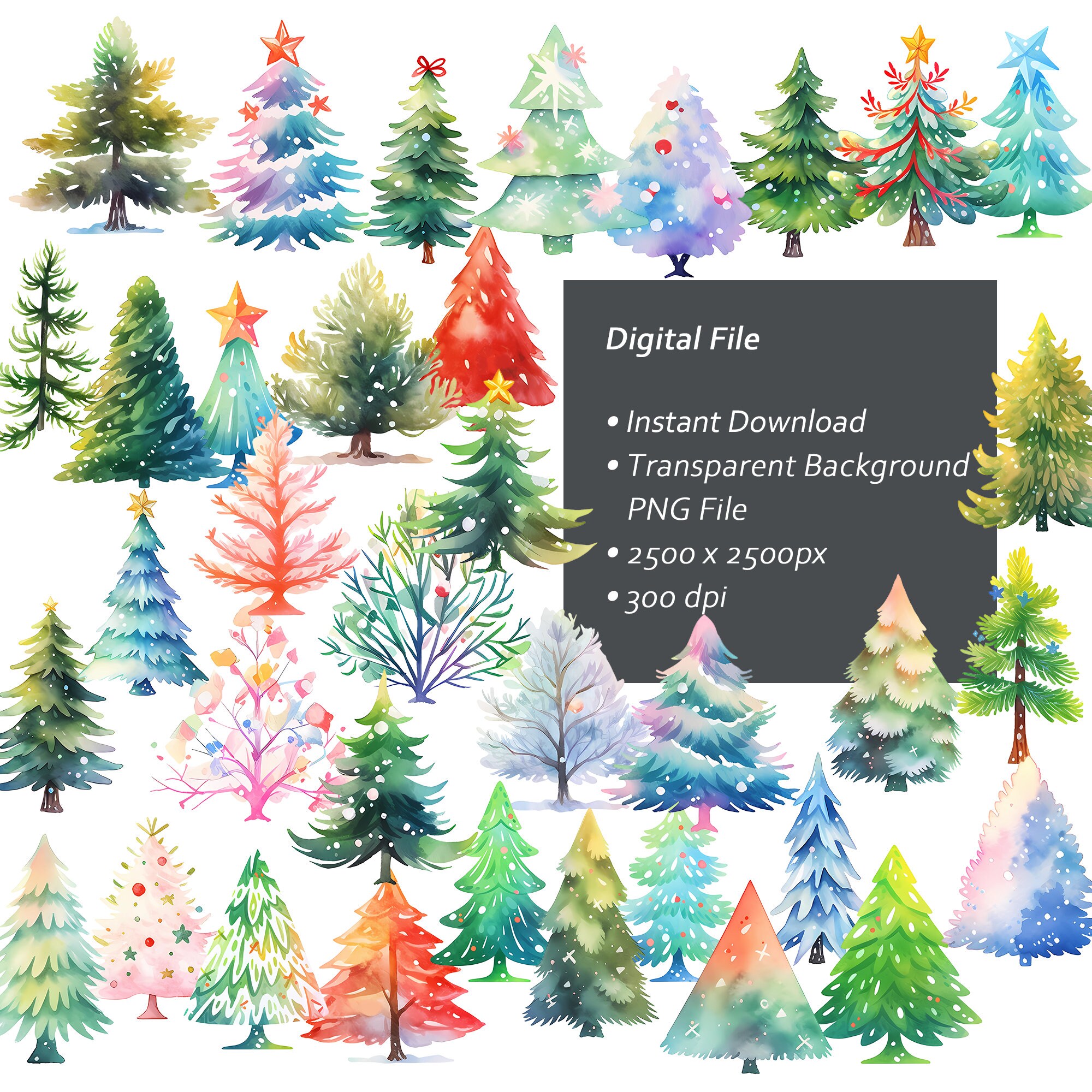 Watercolor Christmas Tree Clipart Set - 36 Pngs (digital Download) - Etsy