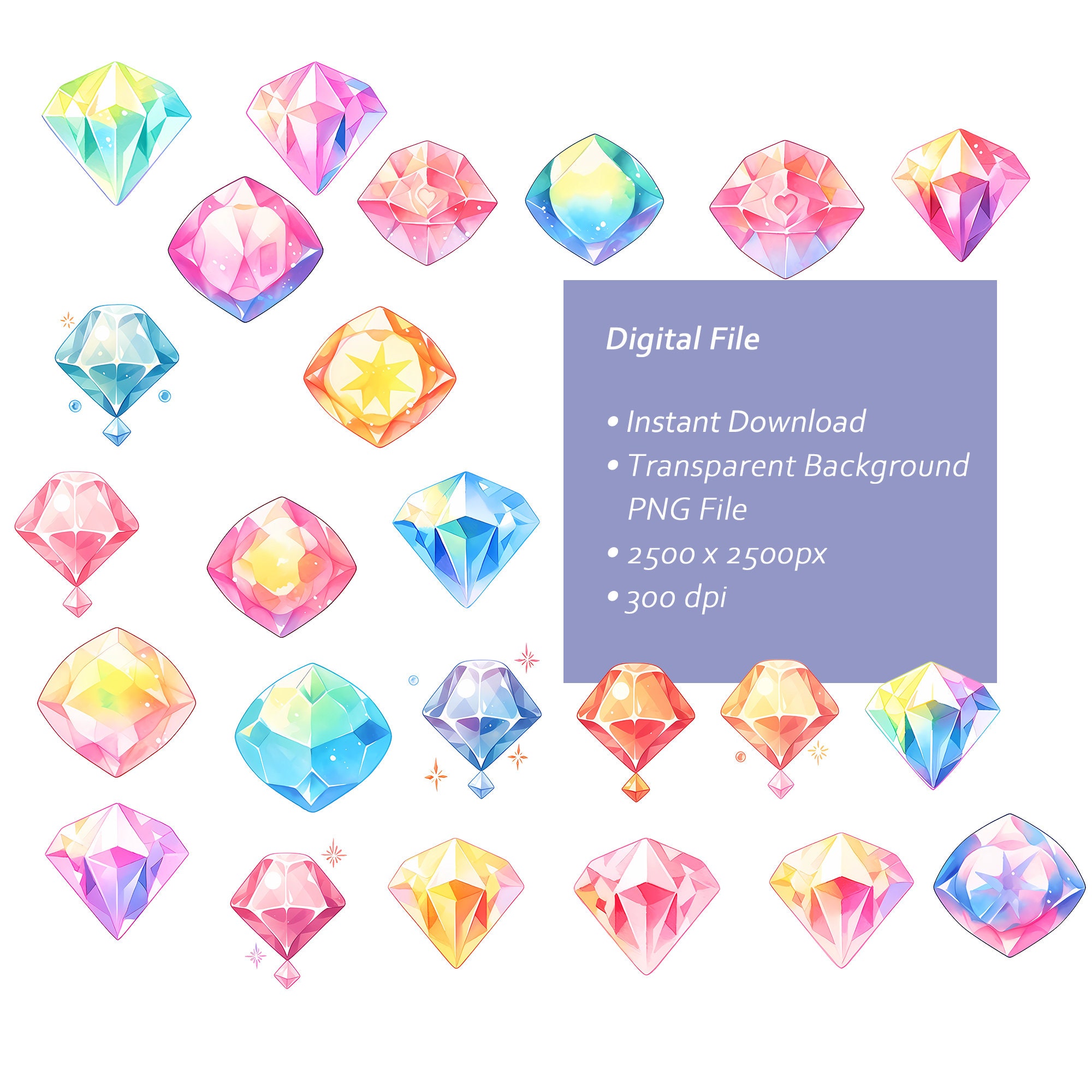 Kawaii Rainbow Diamond Clipart Set - Sparkling Graphics - Diamond ...