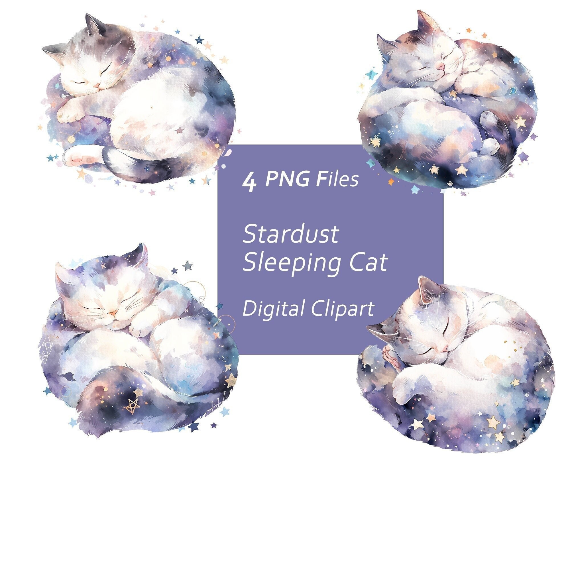 Stardust Sleeping Cat Clipart Set - Whimsical Cat - Sleepy Cat Art ...