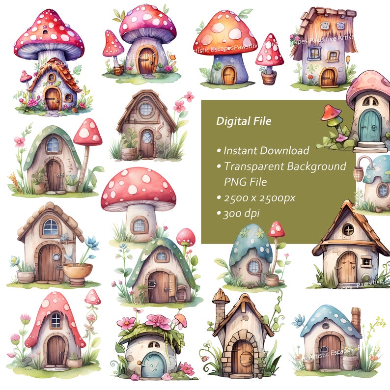 Fairy House Clipart Set – Whimsical Watercolor PNG Images (digital ...
