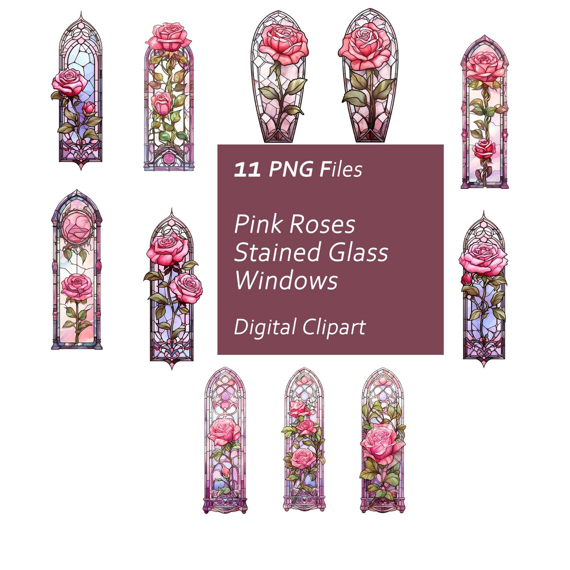 Pink Roses Stained Glass Windows Clipart Set - Whimsical Windows ...