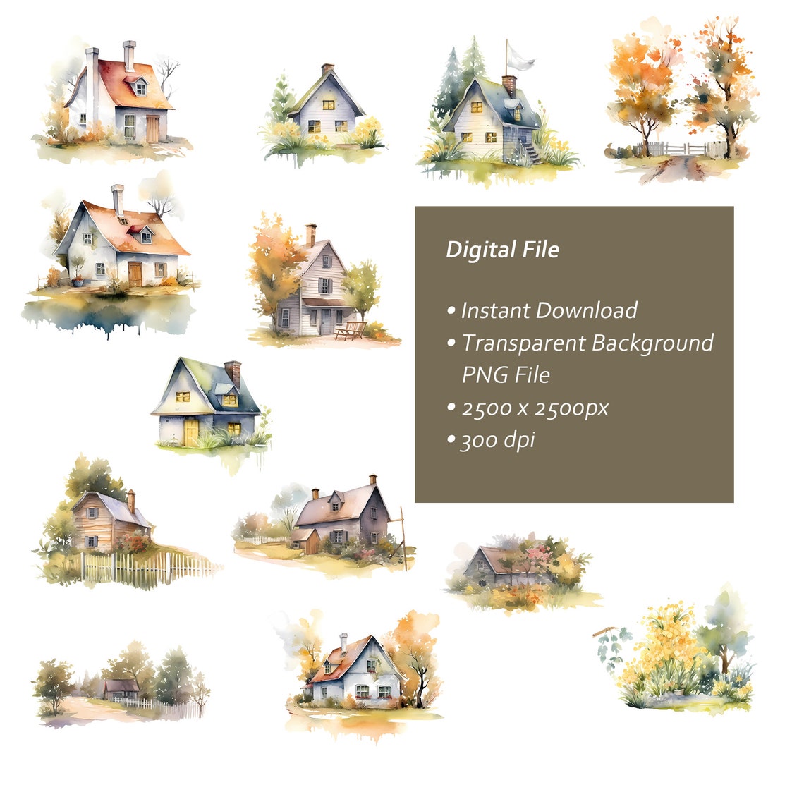 Watercolor Sunny Cottagecore Clipart Set - Whimsical Cottage - Instant ...