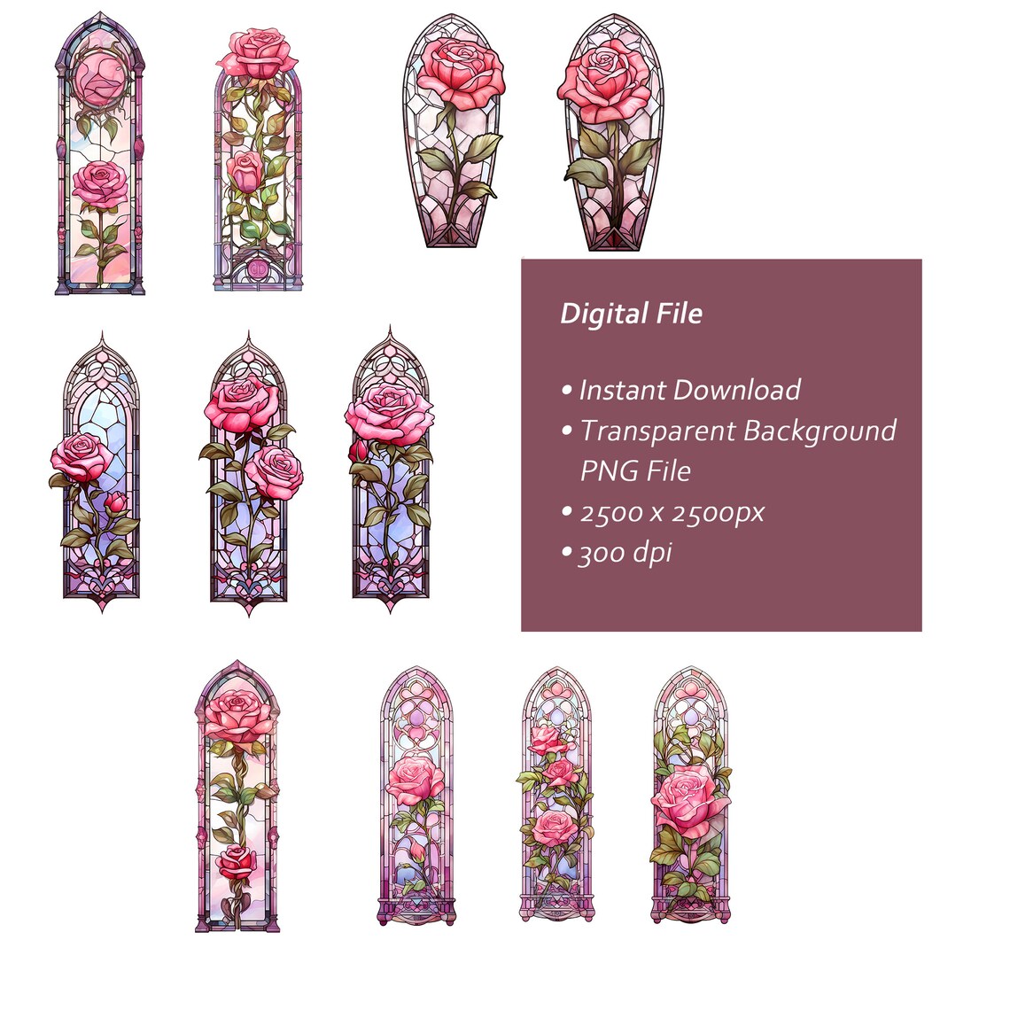 Pink Roses Stained Glass Windows Clipart Set - Whimsical Windows ...