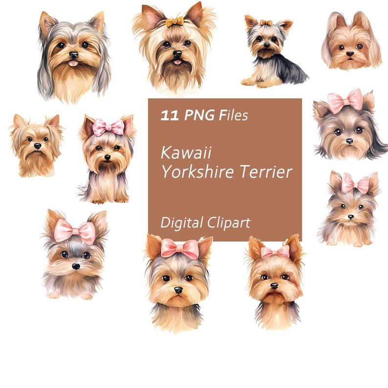 Kawaii Yorkshire Terrier Clipart Set Watercolor Dogs Playful Yorkies ...