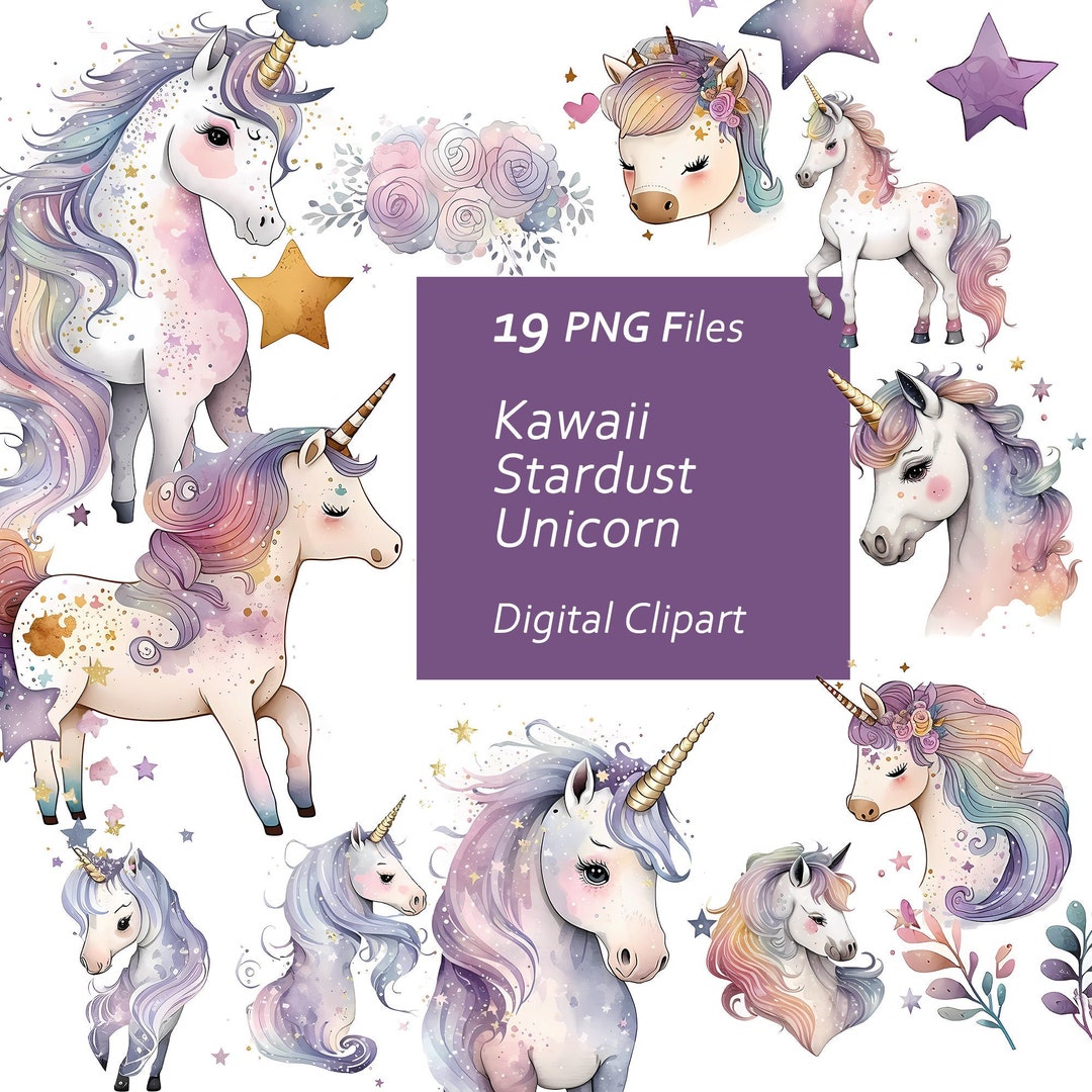 Kawaii Stardust Unicorn Watercolor Clipart Set - Decorative Star ...