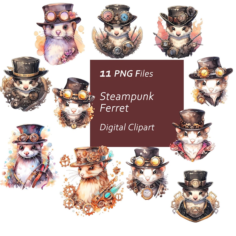Steampunk Ferret Clipart Set – Whimsical PNG Images (commercial Use) - Etsy