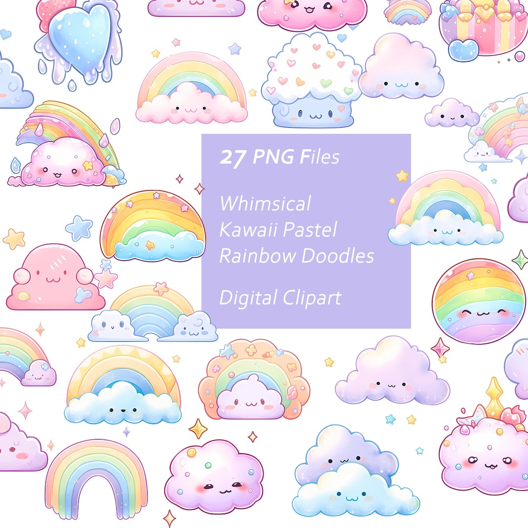 Whimsical Kawaii Pastel Rainbow Doodles Clipart Set - Fun Clipart ...
