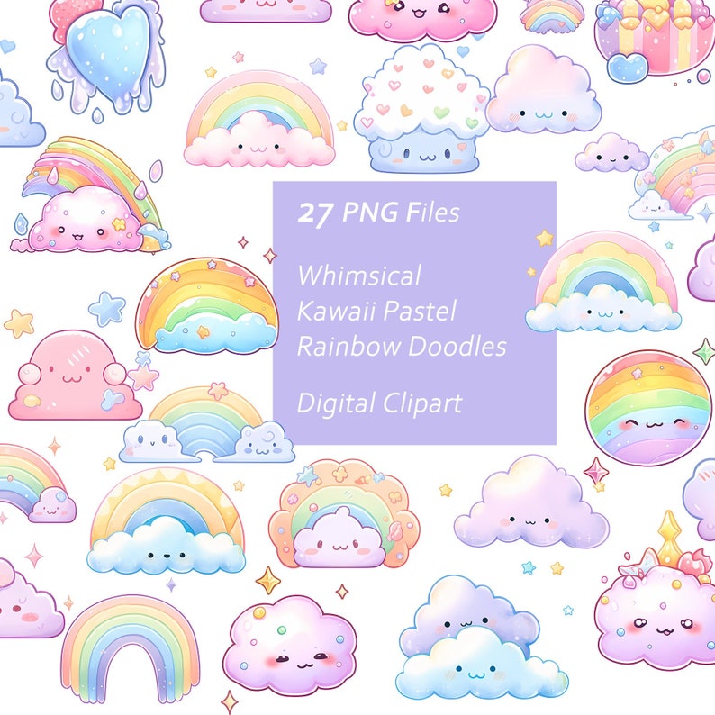 Whimsical Kawaii Pastel Rainbow Doodles Clipart Set - Fun Clipart ...