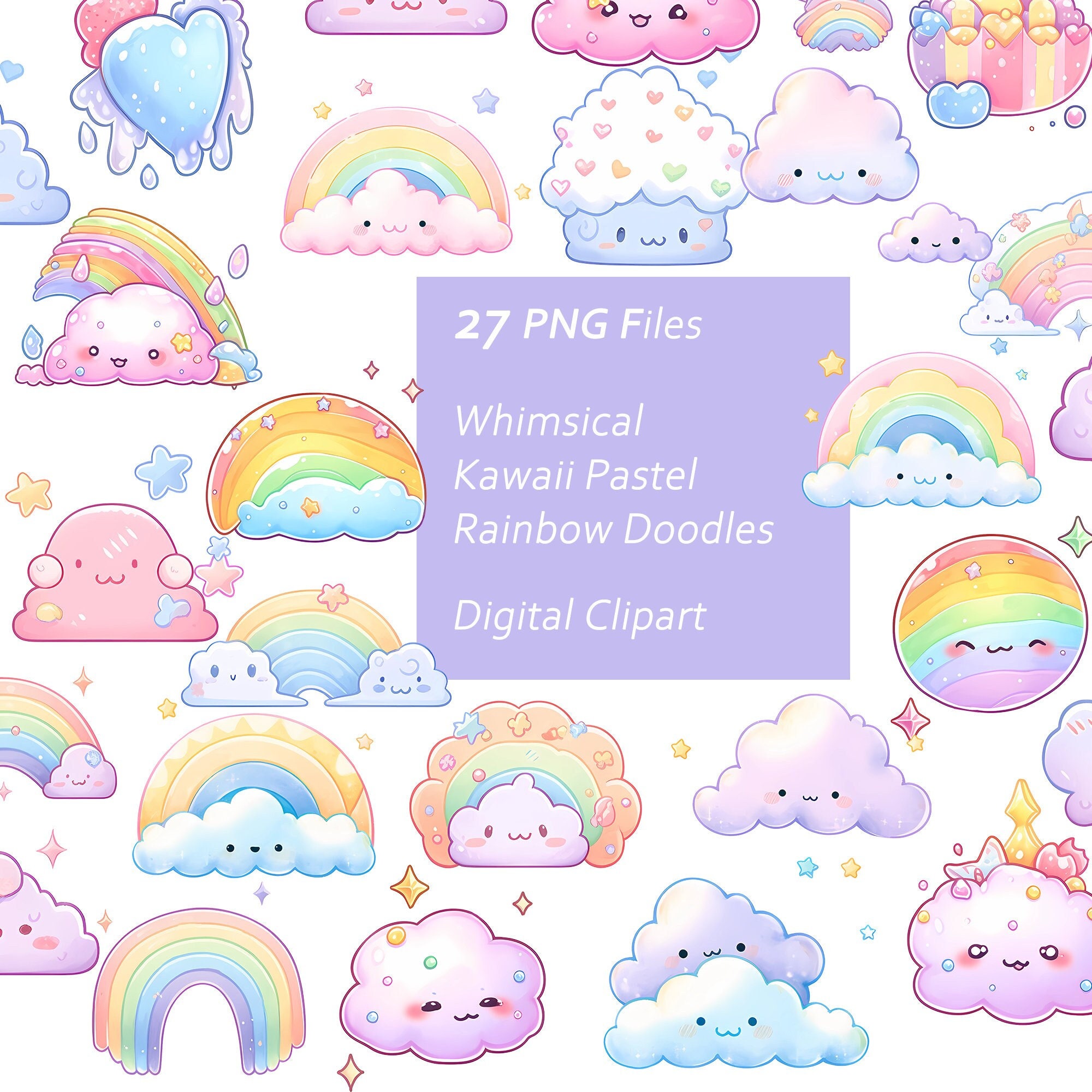 Whimsical Kawaii Pastel Rainbow Doodles Clipart Set - Fun Clipart ...