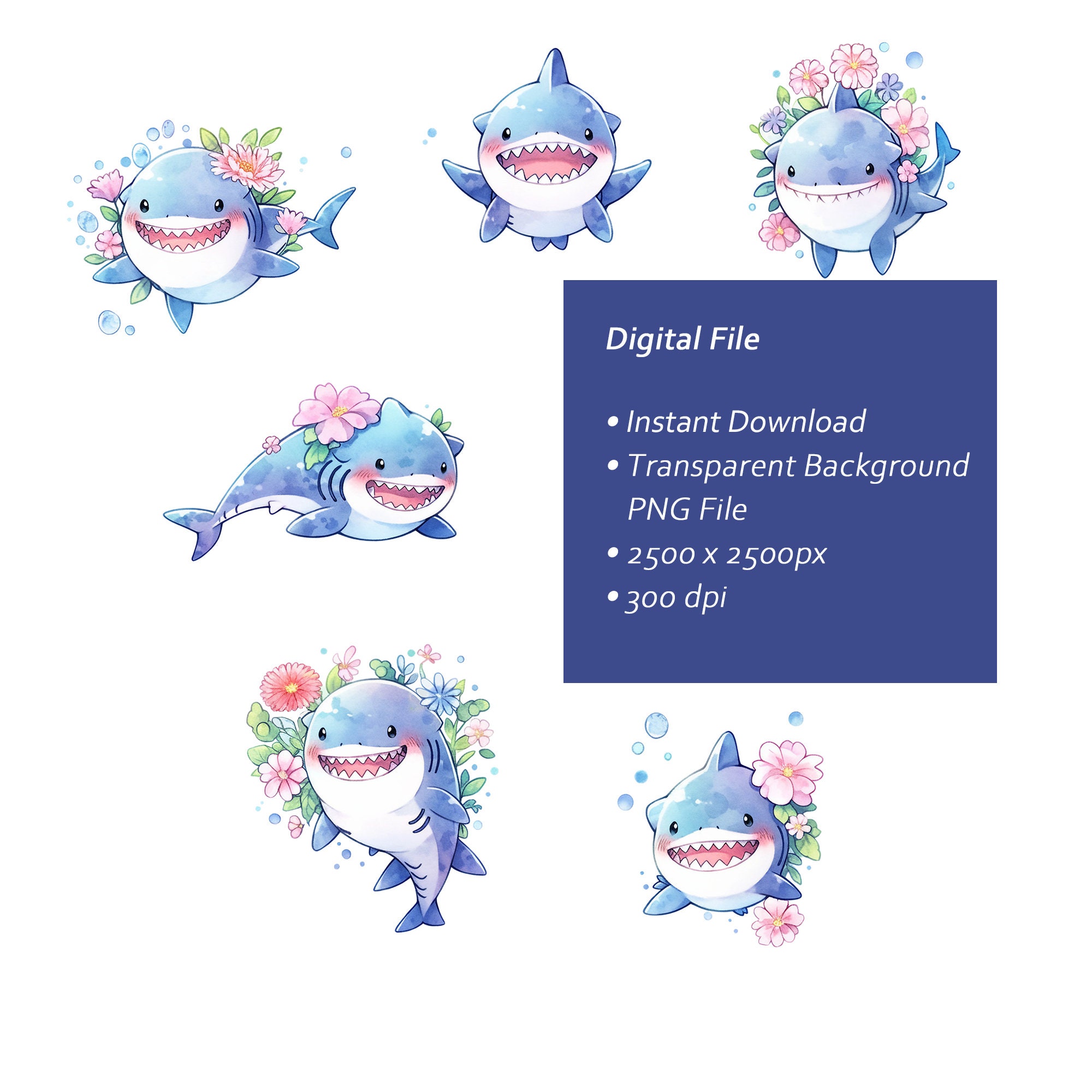 Kawaii Shark Clipart Set - Animal Illustration - Instant Download PNG ...